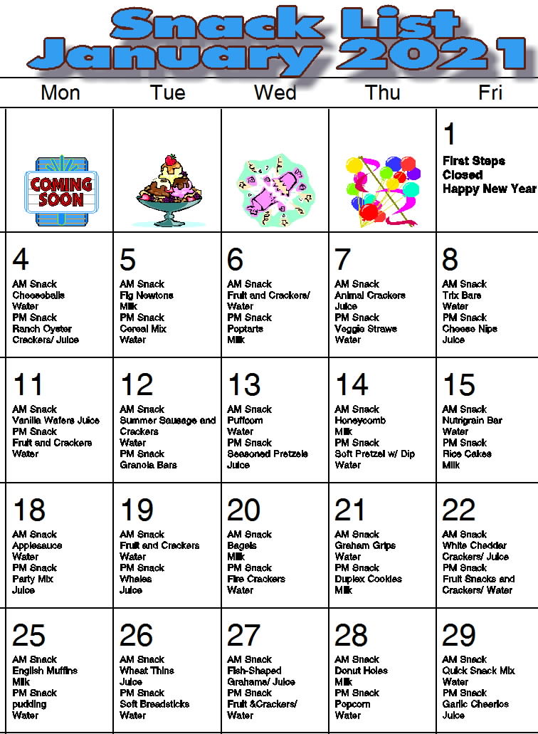 January 2021 Lunch & Snack Menu | First Steps Learning Centers